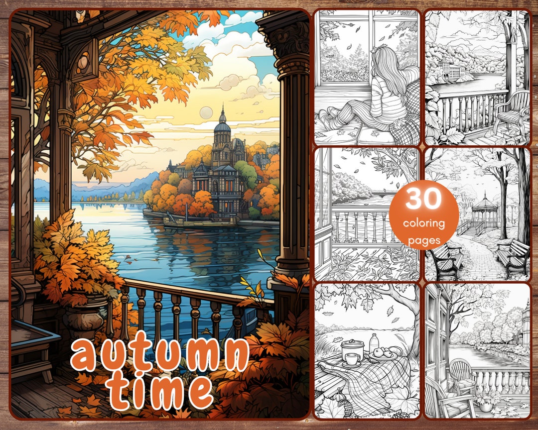 30 Autumn Time Coloring Book, Grayscale Fall Coloring Pages for Adults ...