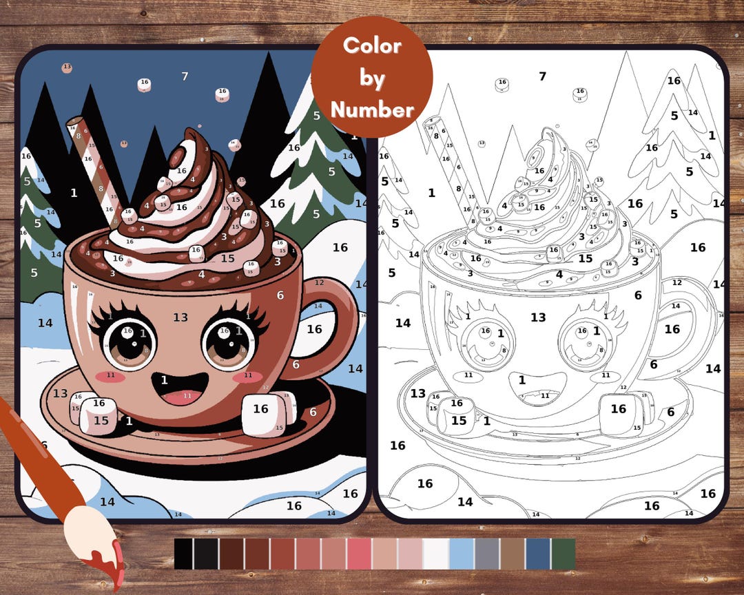 Hot Cocoa Kawaii Color by Number, Easy Christmas Paint by Number ...