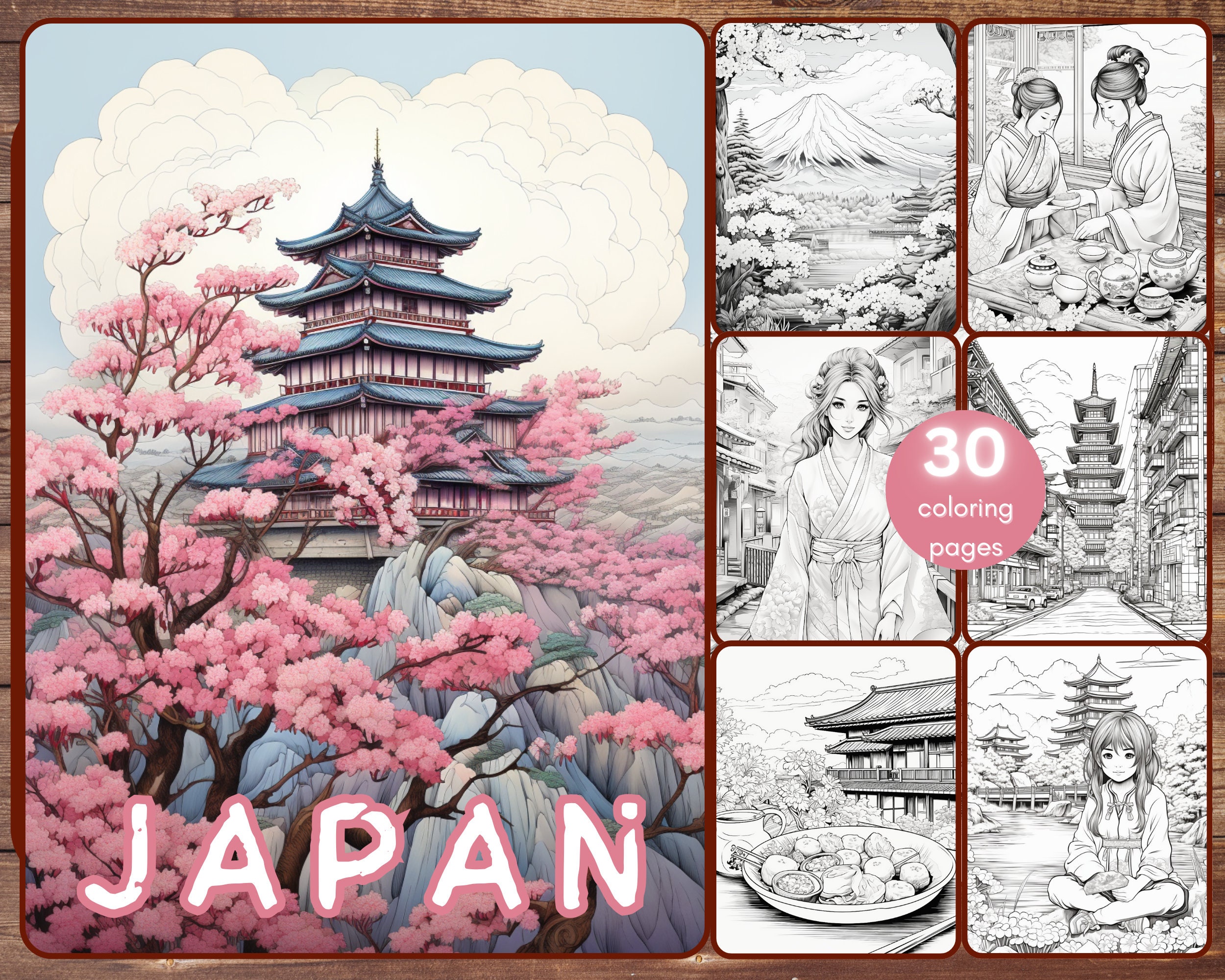 30 Japan Coloring Book, Travel Destinations, Cherry Blossoms, Temple ...