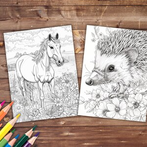30 Spring Animals Coloring Book, Grayscale Animals and Flowers Coloring ...