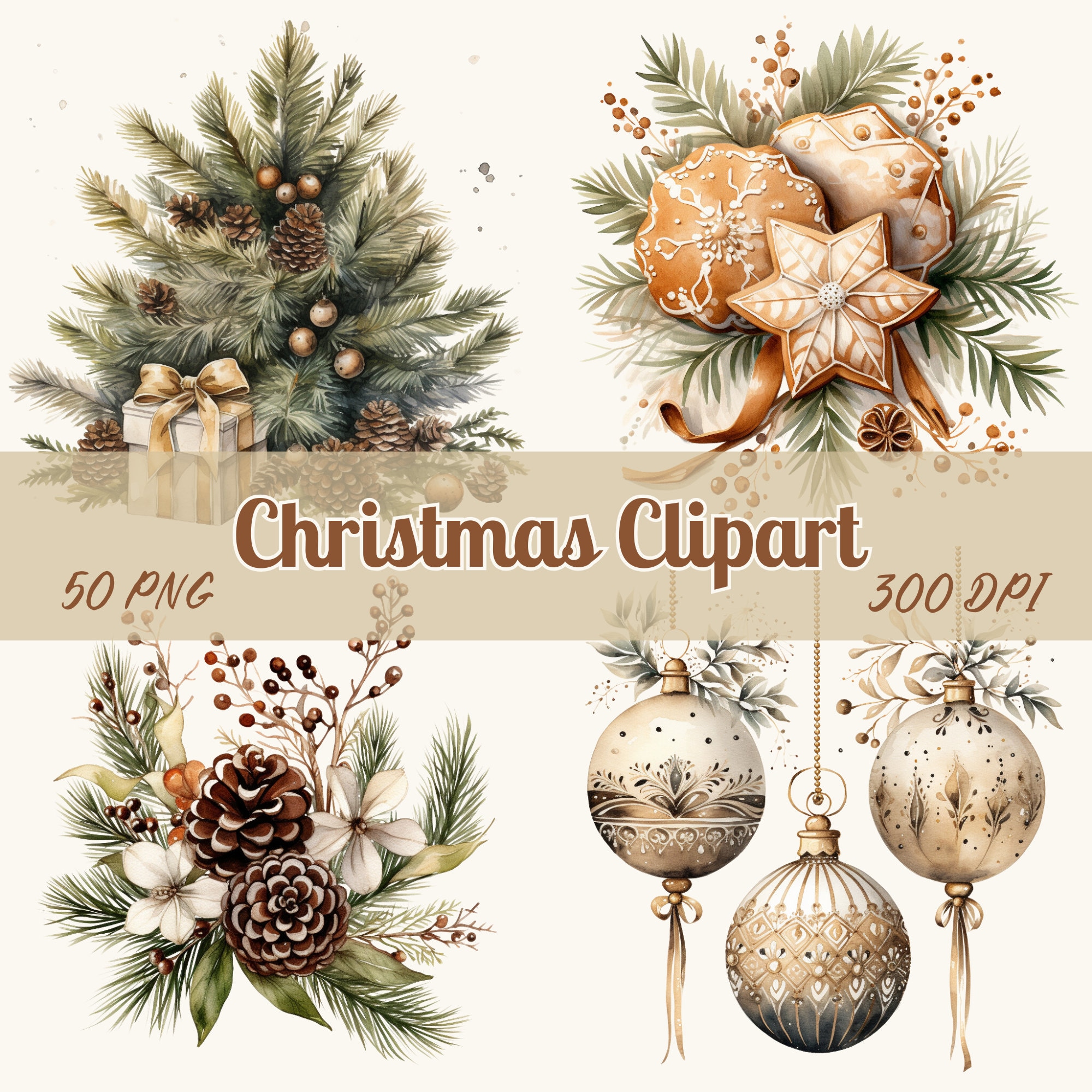 50 Christmas Clipart Bundle, Cozy Christmas, Neutral Color, Holiday ...