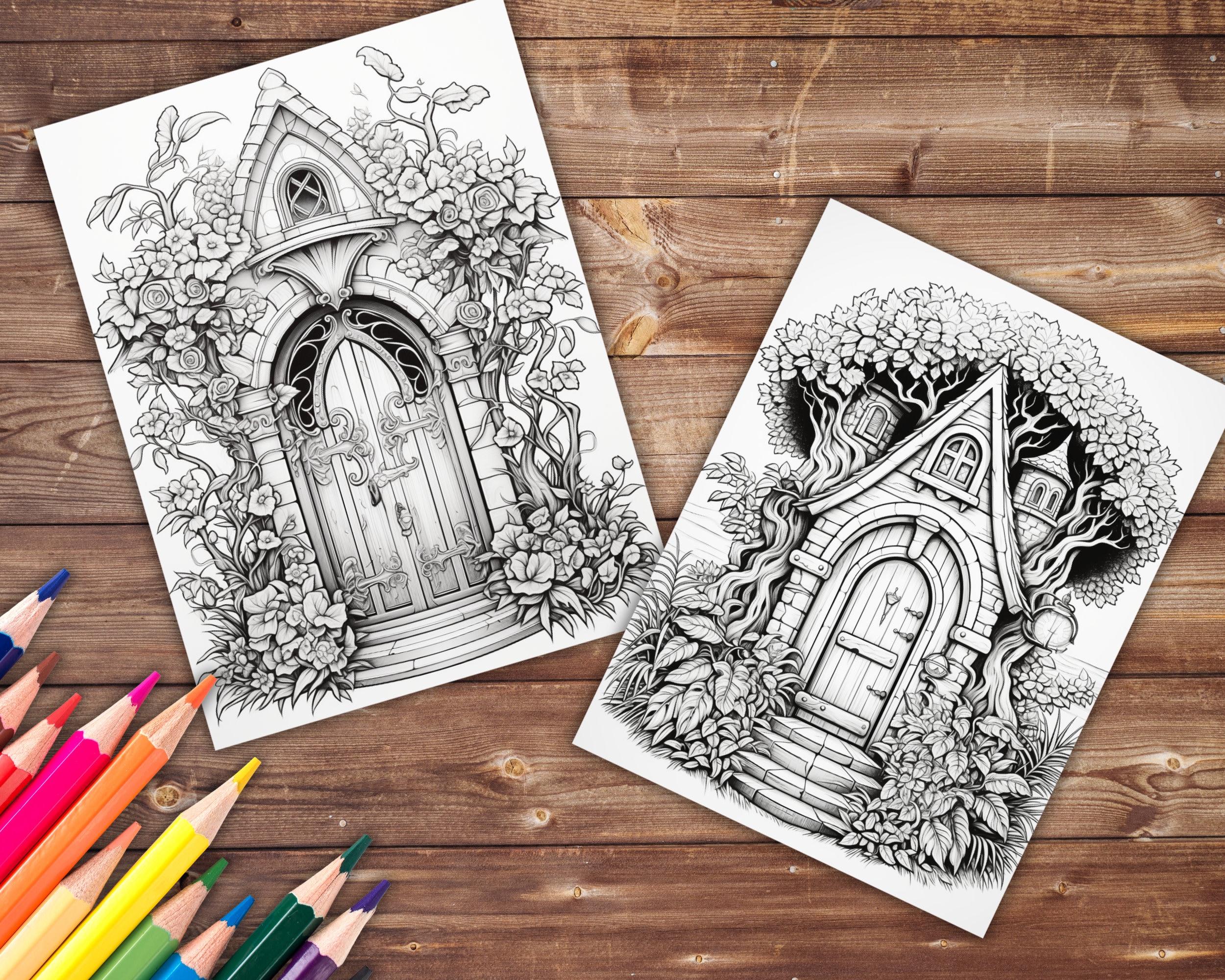 30 Magical Doors Coloring Book, Grayscale Fantasy Secret Doors Coloring ...