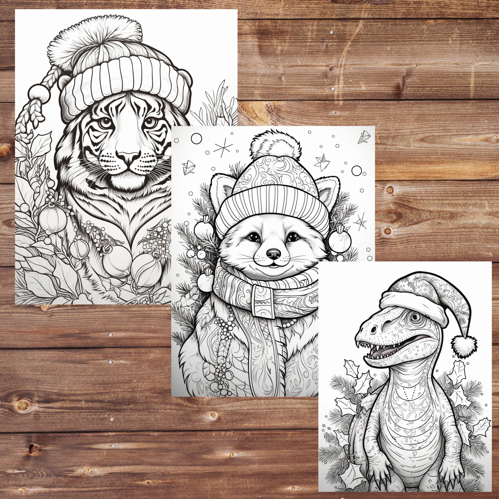 42 Christmas Animals Coloring Book, Grayscale Printable Winter Animals ...