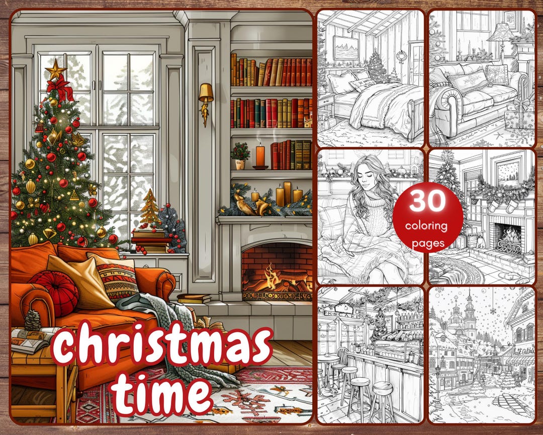 30 Christmas Time Coloring Book, Grayscale Christmas Inside Coloring ...