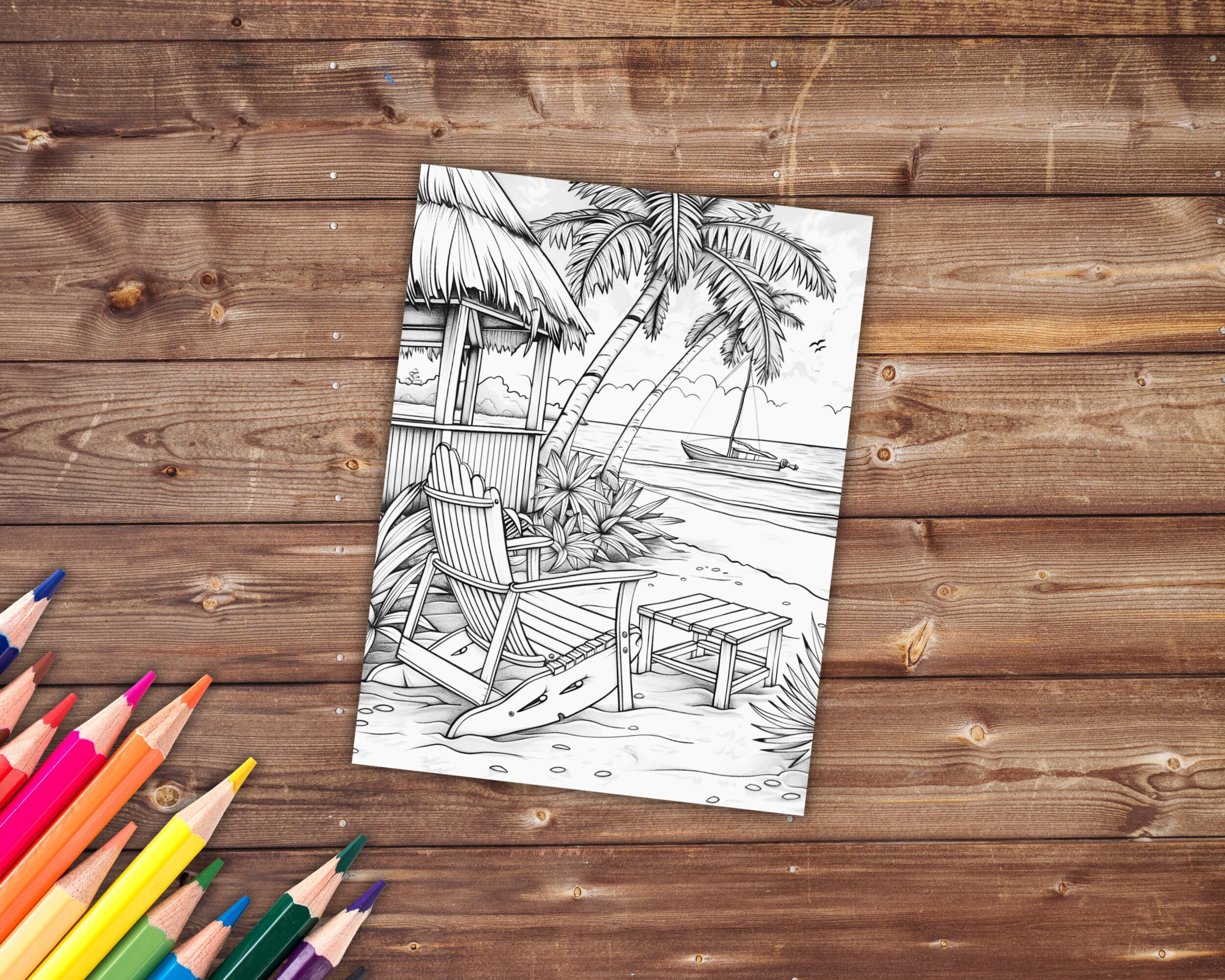 30 Summer Time Coloring Book, Grayscale Beach Coloring Pages for Adults ...