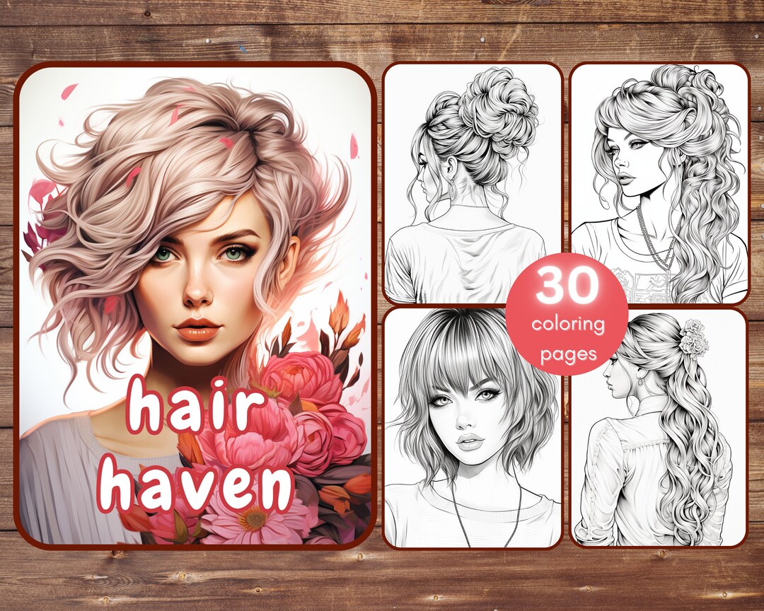 30 Hair Haven Coloring Book, Grayscale Women's Hairstyles Coloring ...