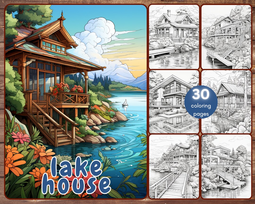 30 Lake Houses Coloring Book, Printable Dream House Coloring Pages ...