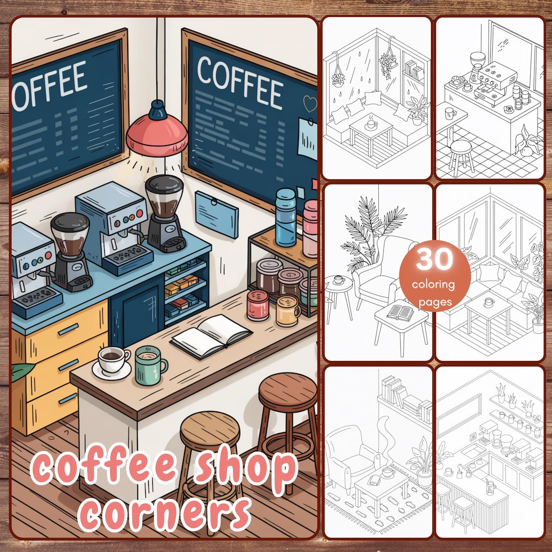 30 Cute Coffee Shop Corners Coloring Book, Easy Cozy Cafe Moments ...