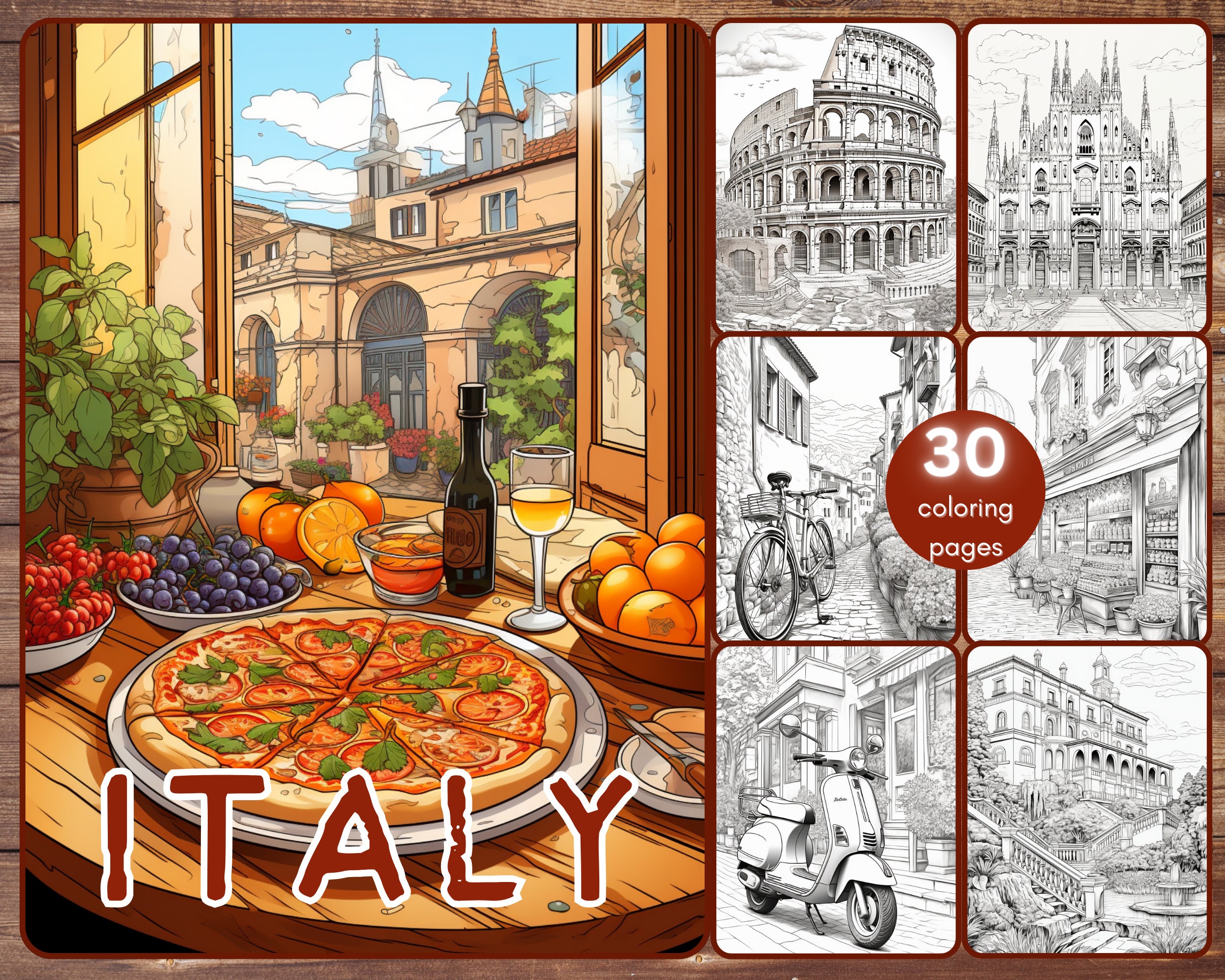 30 Italy Coloring Book, Grayscale Travel Destinations Coloring for ...