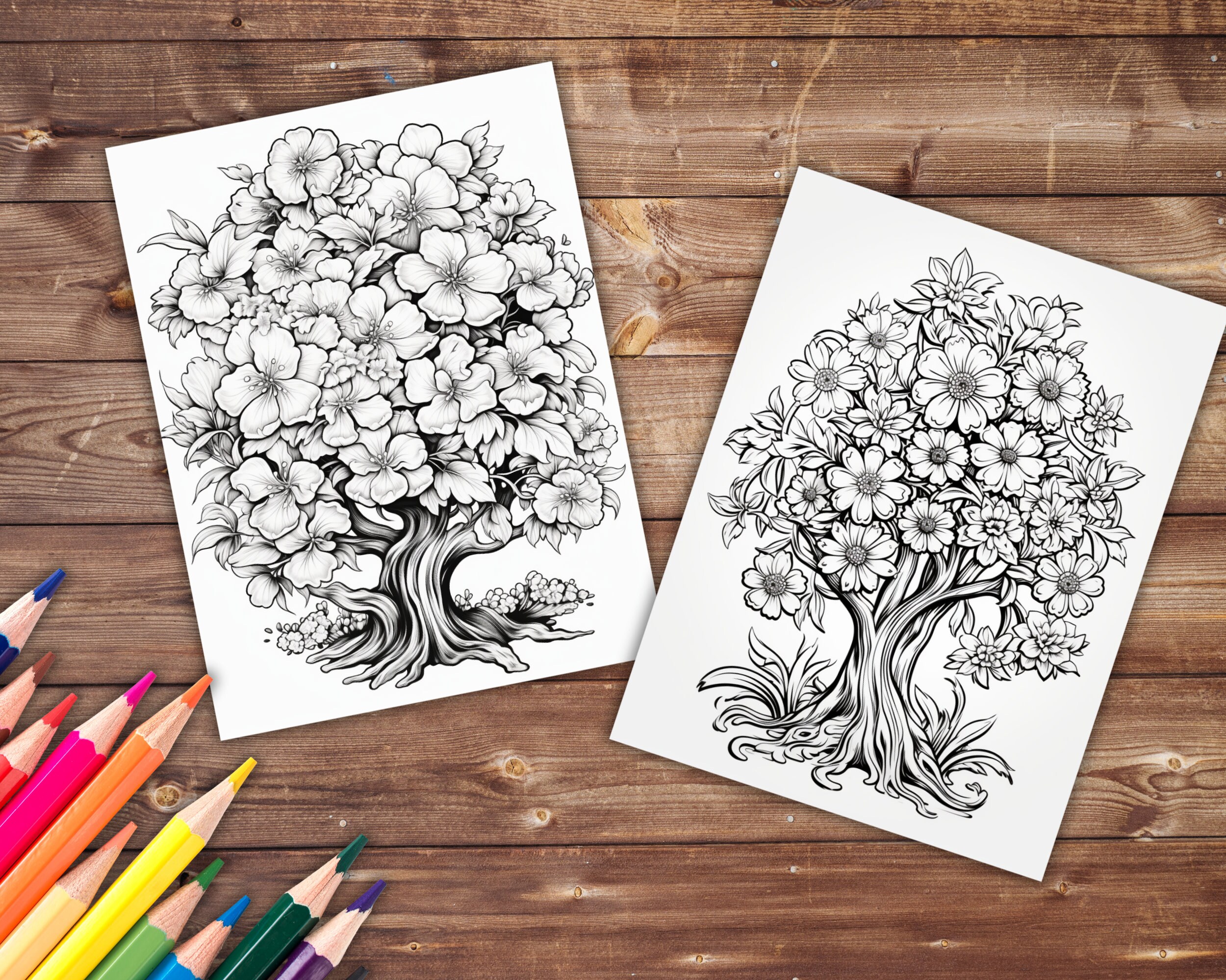 30 Floral Trees Coloring Book, Grayscale Fantasy Flower and Trees ...