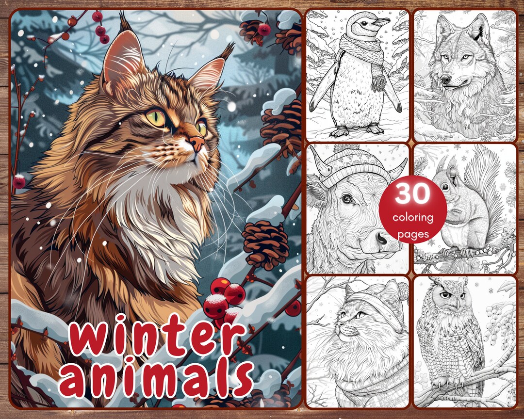 30 Winter Animals Coloring Book, Grayscale Animals and Hats Coloring ...