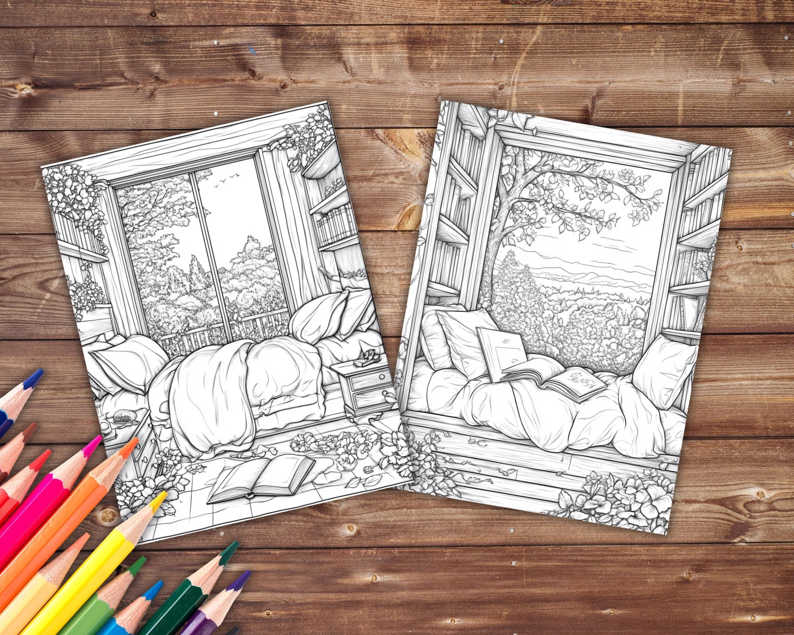 30 Cozy Libraries Coloring Book, Grayscale Library Coloring Pages for ...