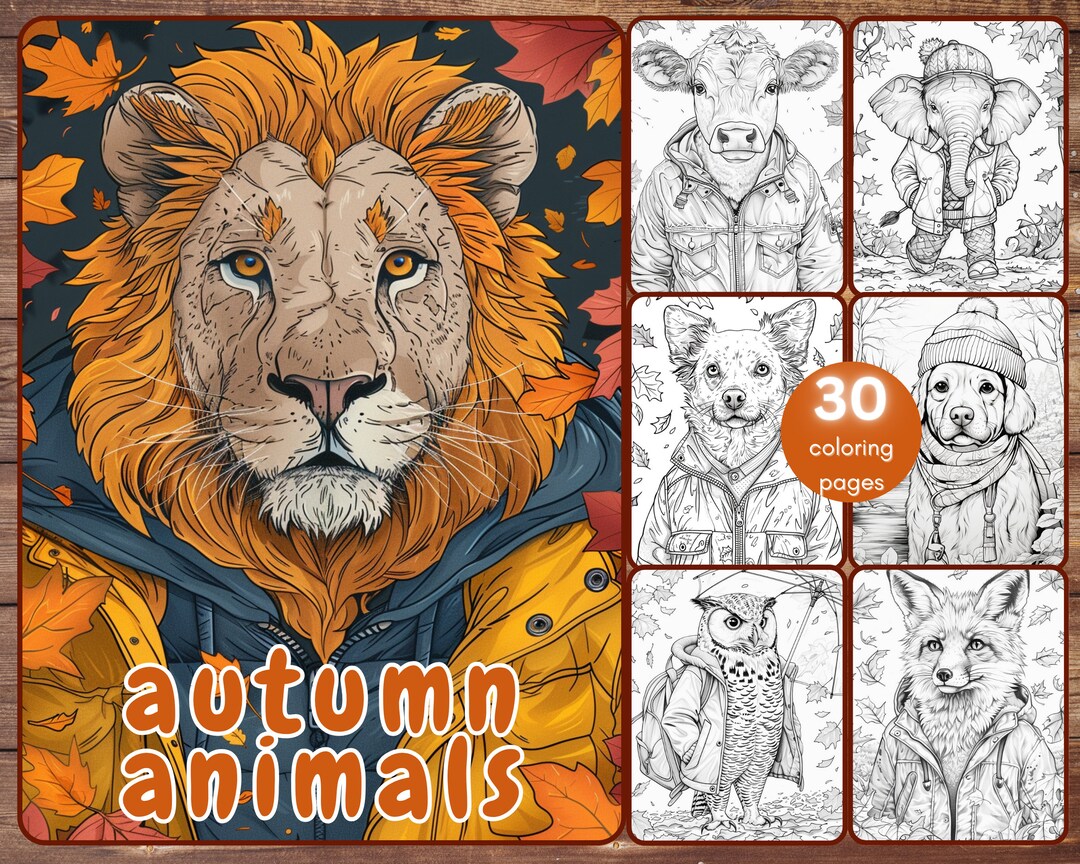 30 Fall Animals Coloring Book, Grayscale Animals and Jacket Coloring ...