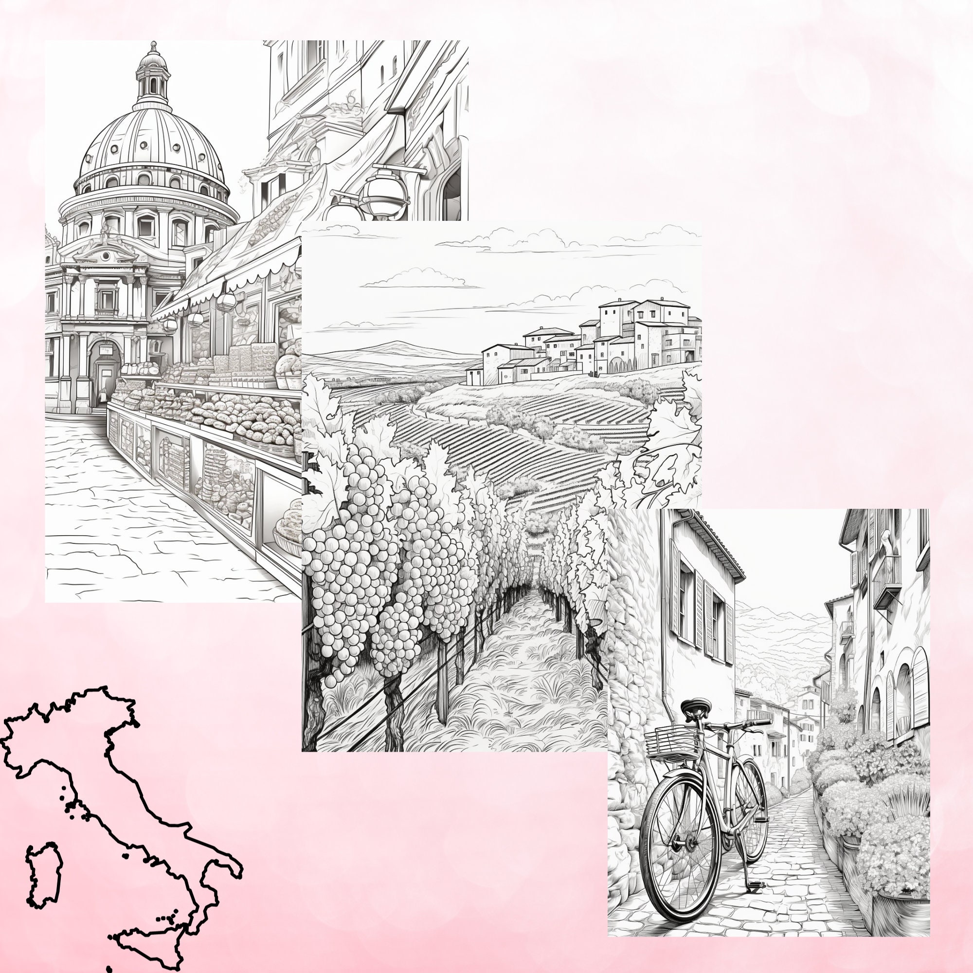 30 Italy Coloring Book, Grayscale Travel Destinations Coloring for ...