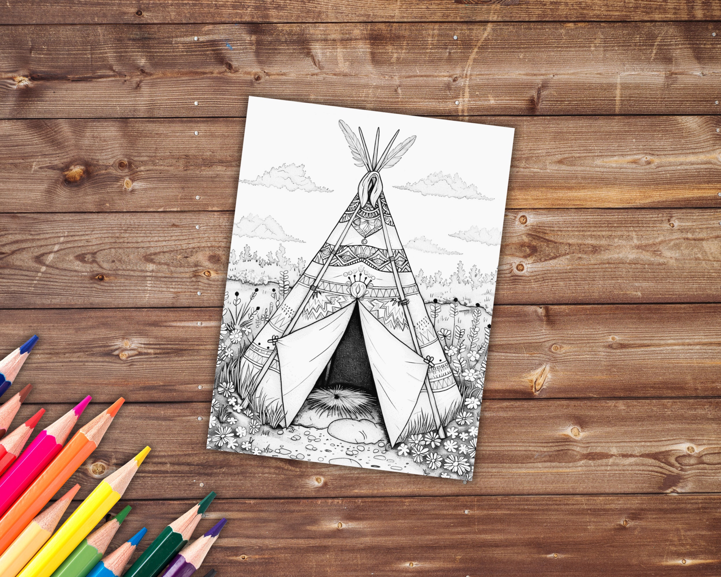 30 Native American Set Coloring Book, Grayscale Teepees Coloring Pages ...
