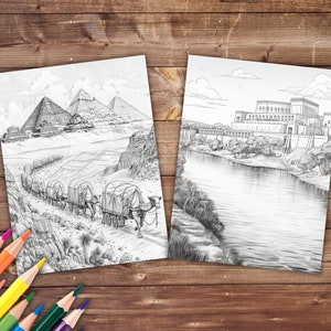30 Ancient Egypt Coloring Book, Grayscale Pyramids Coloring Pages for ...