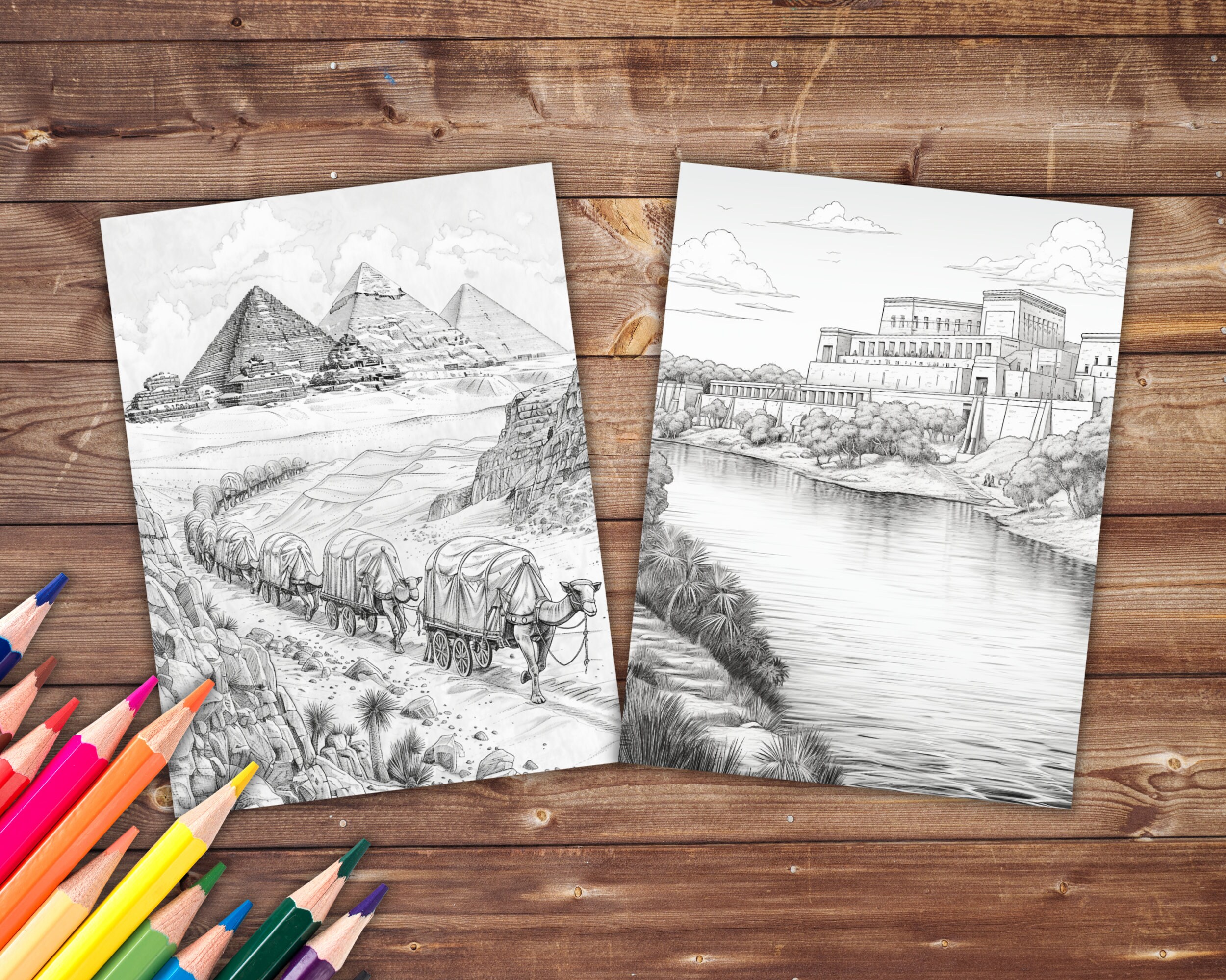 30 Ancient Egypt Coloring Book, Grayscale Pyramids Coloring Pages for ...