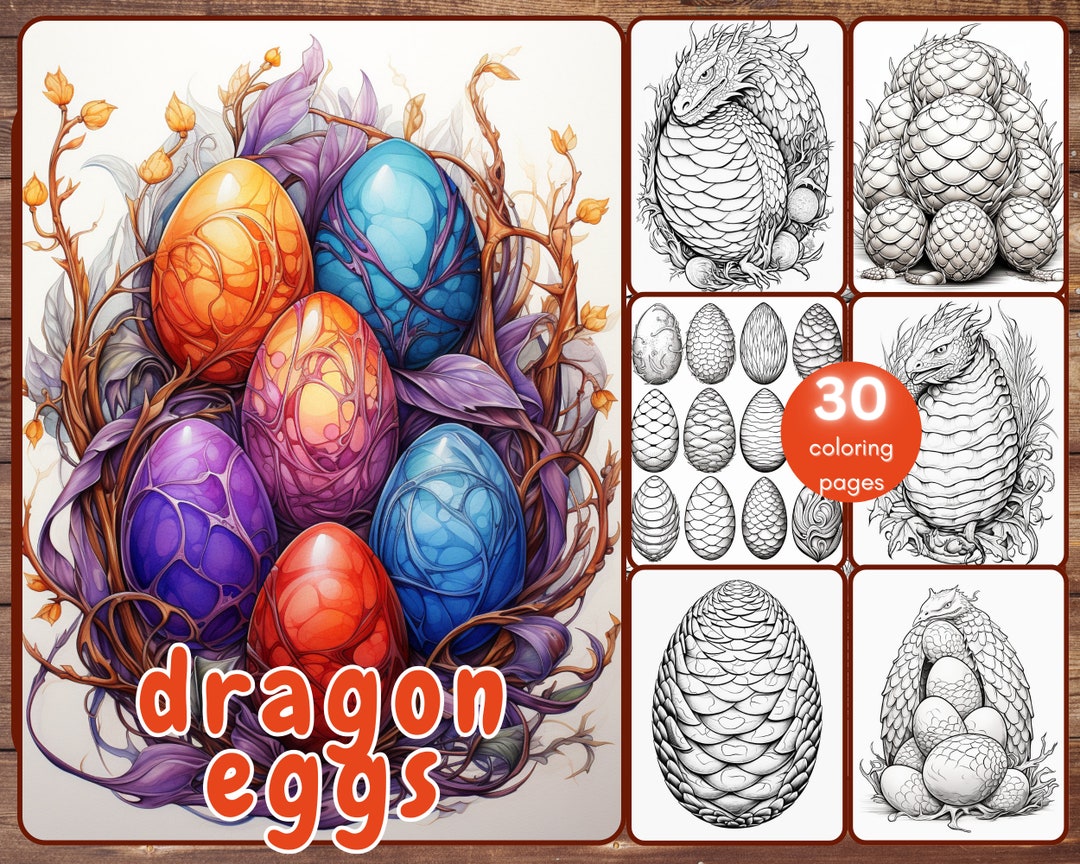 30 Dragon Eggs Coloring Book, Grayscale Fantasy Dragons Coloring Pages ...