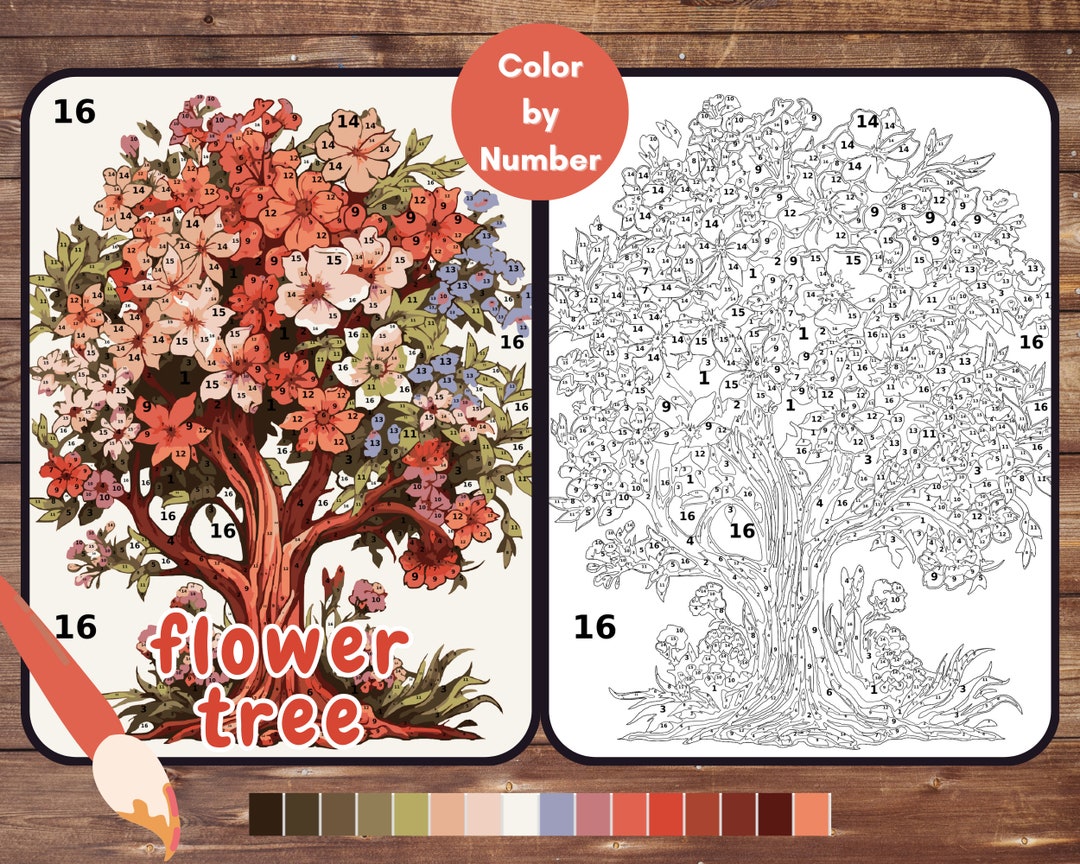 Flower Tree Color by Number for Adults, Tree Paint by Number, Printable ...