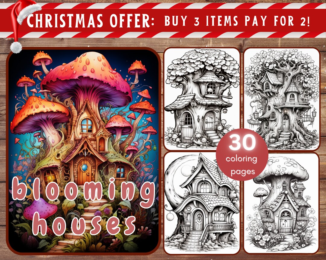 30 Blooming Fairy Houses Coloring Book, Grayscale Fantasy Tree Houses ...