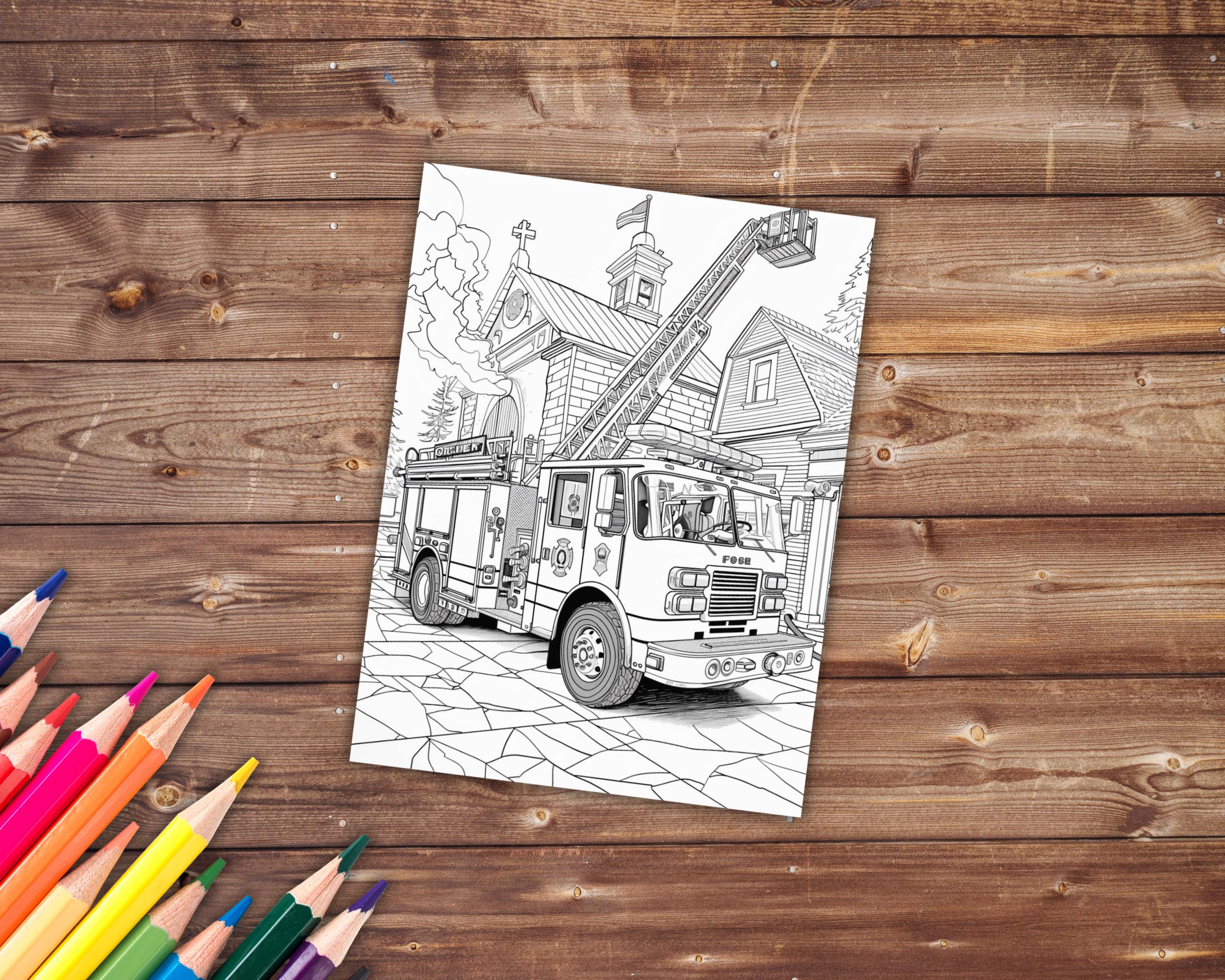 31 Firetrucks and Firefighters Coloring Book, Grayscale Trucks Coloring ...