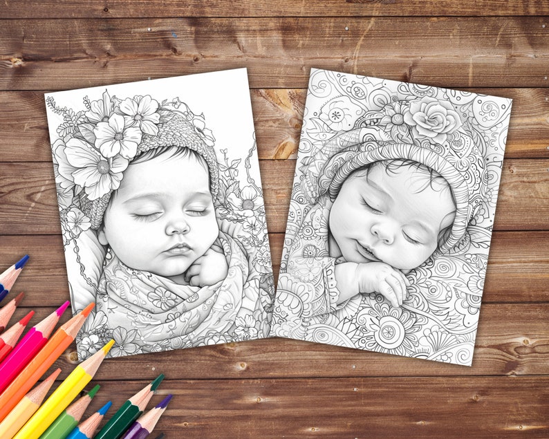 35 Cute Babies Coloring Book, Grayscale Newborn Babies and Flowers ...