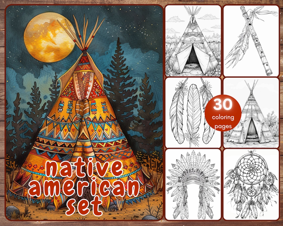30 Native American Set Coloring Book, Grayscale Teepees Coloring Pages ...