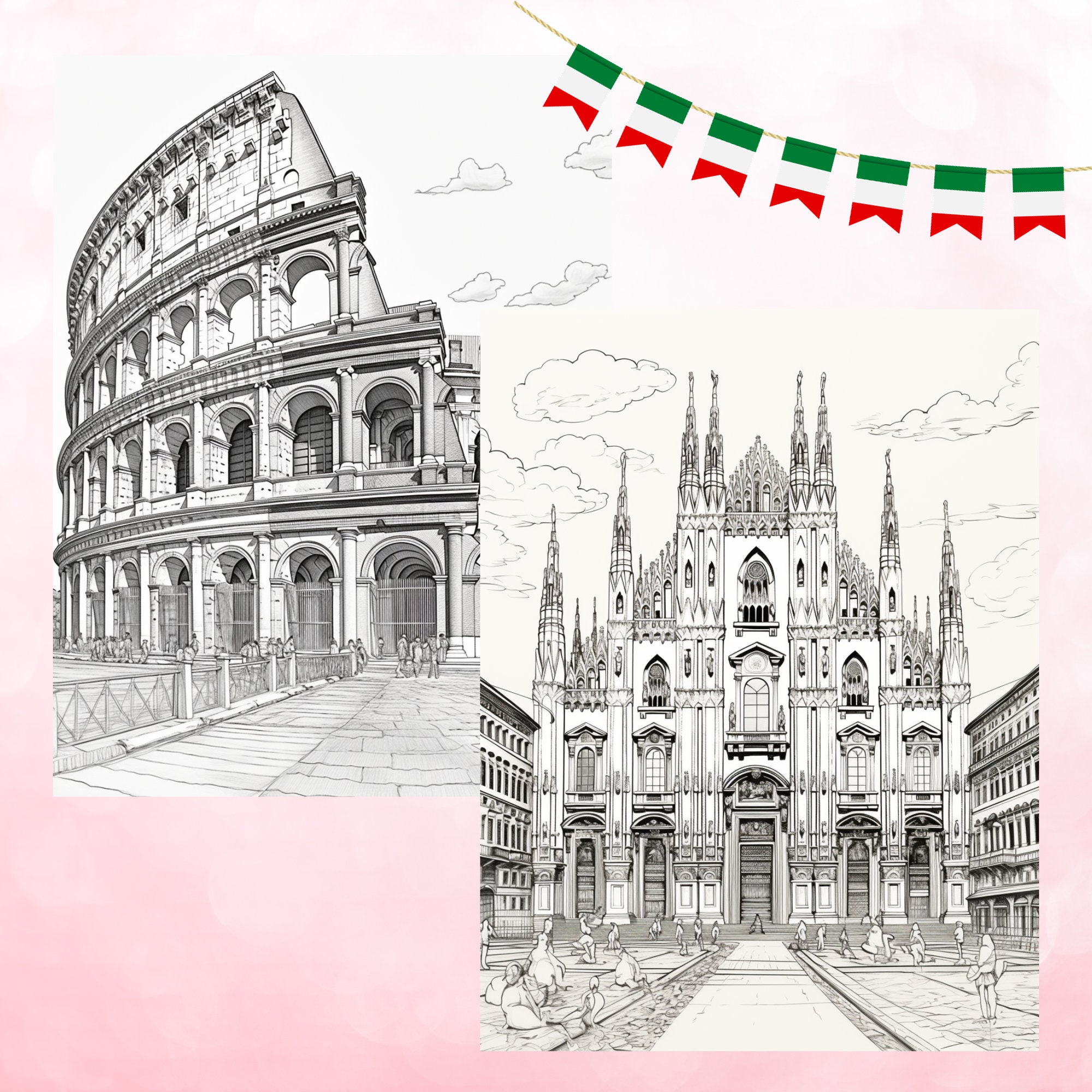 30 Italy Coloring Book, Grayscale Travel Destinations Coloring for ...