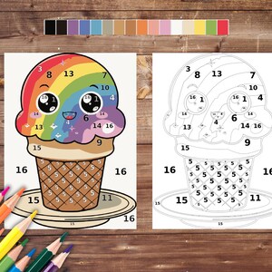Food Kawaii Color by Number, Easy Rainbow Ice Cream Cone Paint by ...