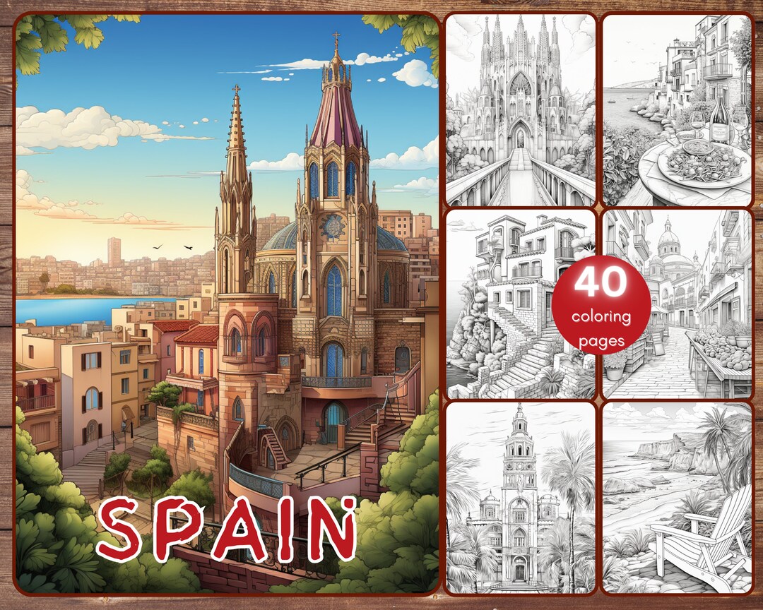 40 Spain Coloring Book, Grayscale Barcelona Coloring Pages for Adults ...