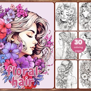 30 Floral Hair Coloring Book, Grayscale Women's Hair and Flowers ...