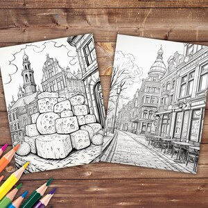 30 Amsterdam Coloring Book, Grayscale Netherlands Coloring Pages for ...