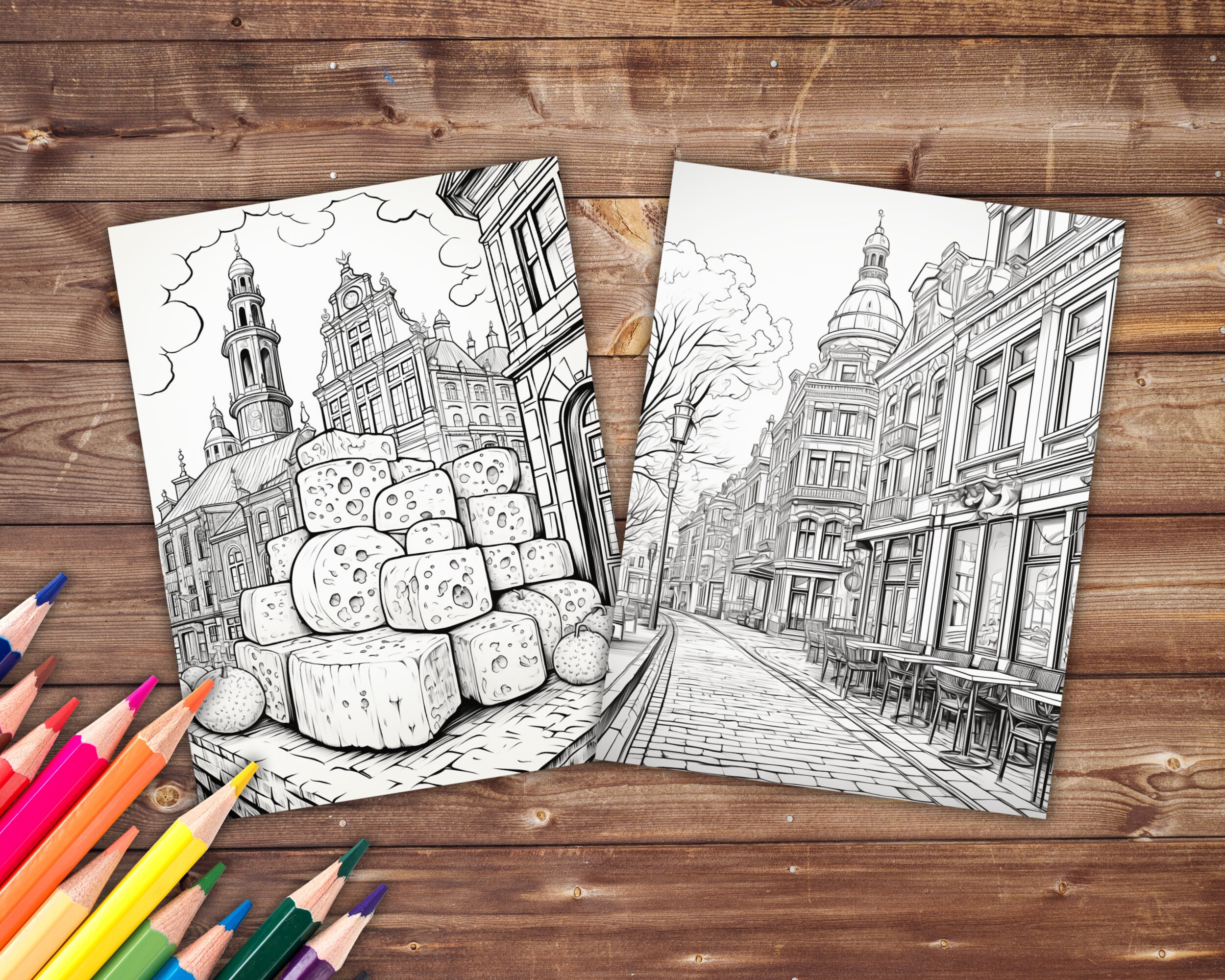 30 Amsterdam Coloring Book, Grayscale Netherlands Coloring Pages for ...