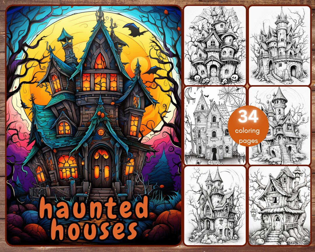 34 Haunted Houses Coloring Book, Grayscale Halloween Coloring Pages for ...