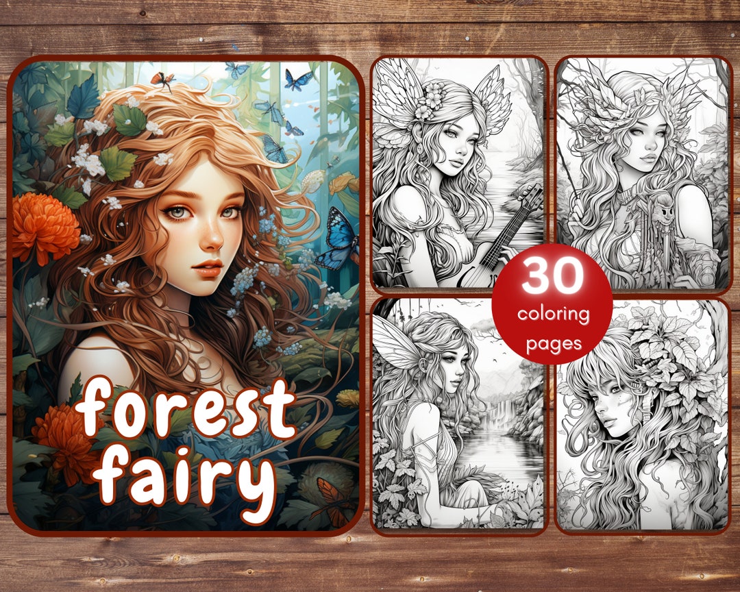30 Forest Fairy Coloring Book, Grayscale Fantasy Printable Beautiful ...