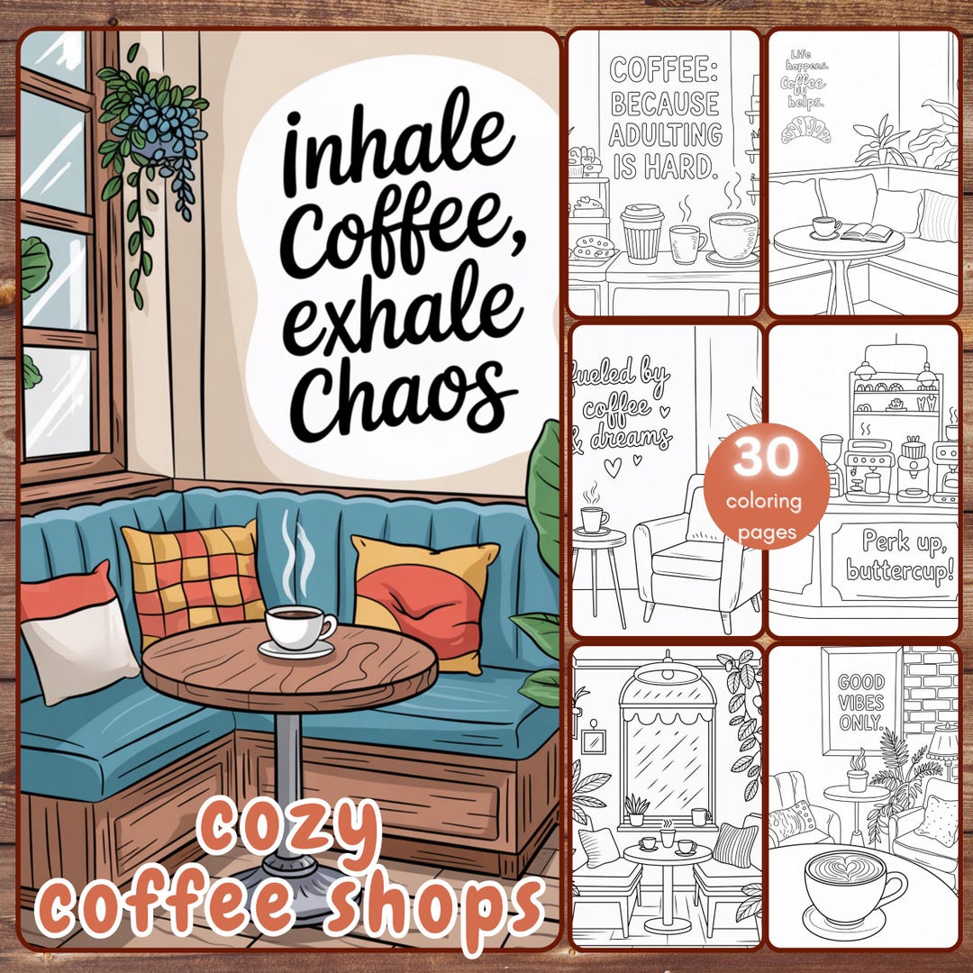 30 Cozy Coffee Shops Coloring Book, Easy Cafe Coloring Pages for Adults ...
