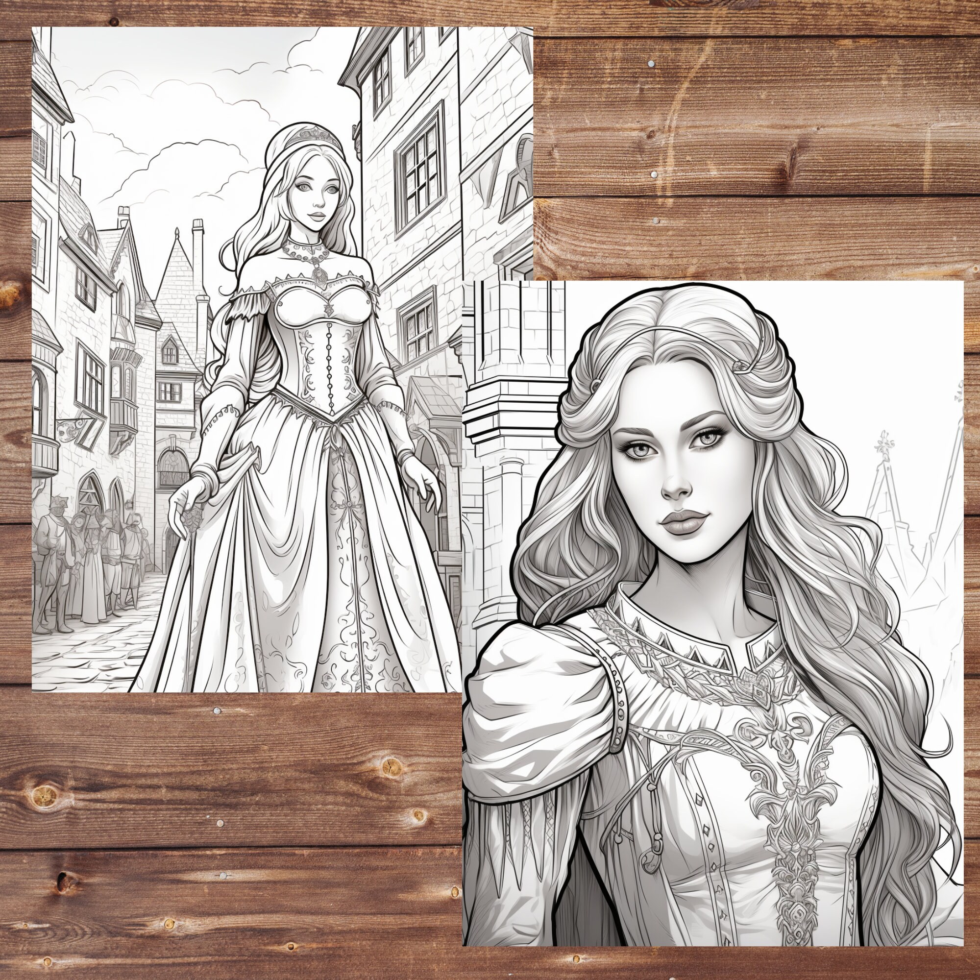 30 Medieval Women Coloring Book, Grayscale Printable Beautiful Women ...