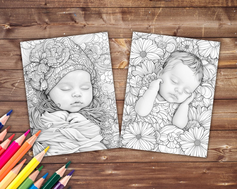 35 Cute Babies Coloring Book, Grayscale Newborn Babies and Flowers ...