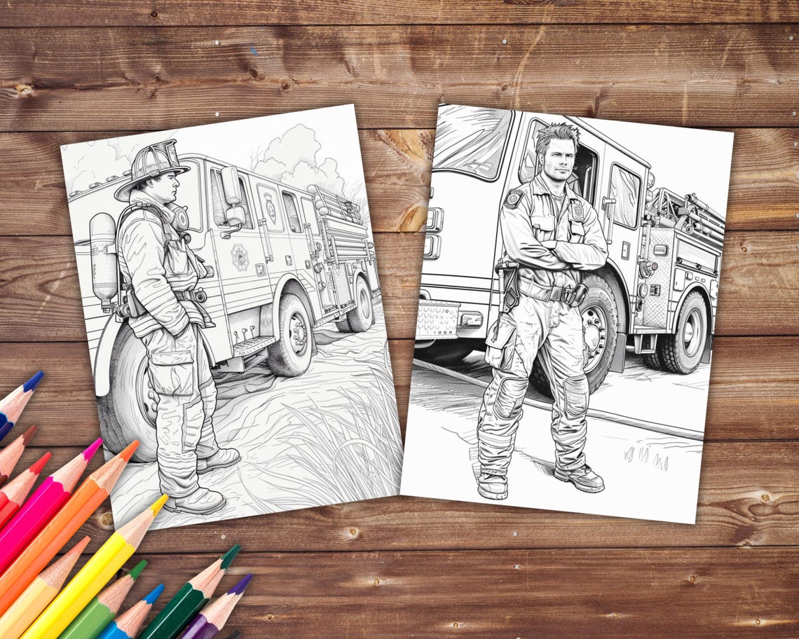 31 Firetrucks and Firefighters Coloring Book, Grayscale Trucks Coloring ...