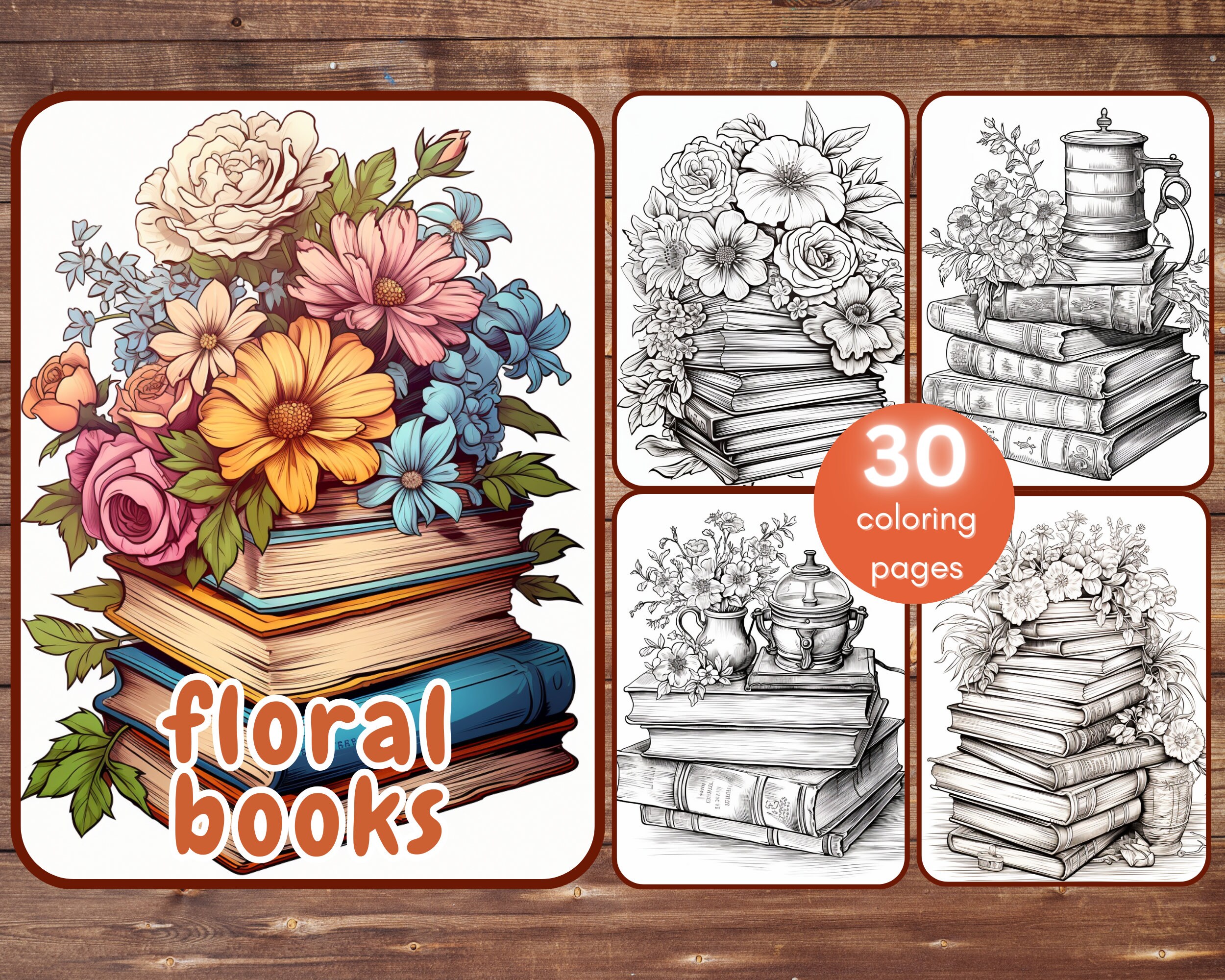 30 Books and Flowers Coloring Book, Grayscale Fantasy Floral Books ...