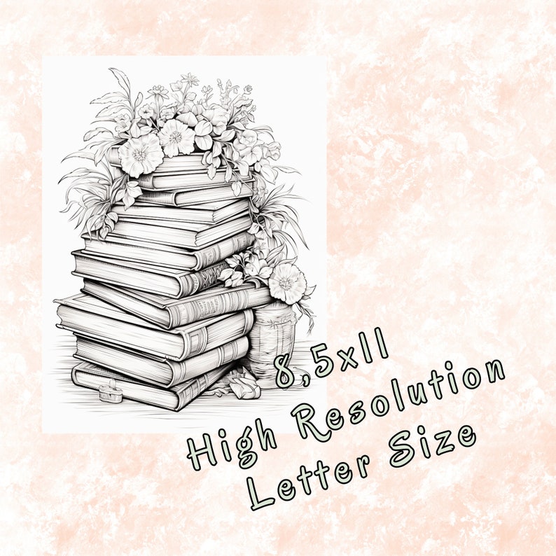 30 Books and Flowers Coloring Book, Grayscale Fantasy Floral Books ...