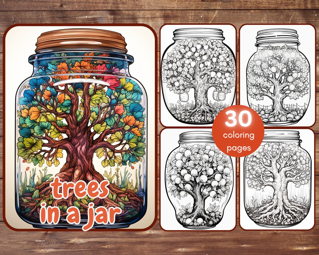 30 Trees in a Jar Coloring Book, Printable Grayscale Fruit Trees ...