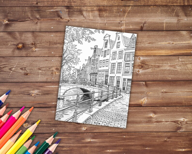 30 Amsterdam Coloring Book, Grayscale Netherlands Coloring Pages for ...