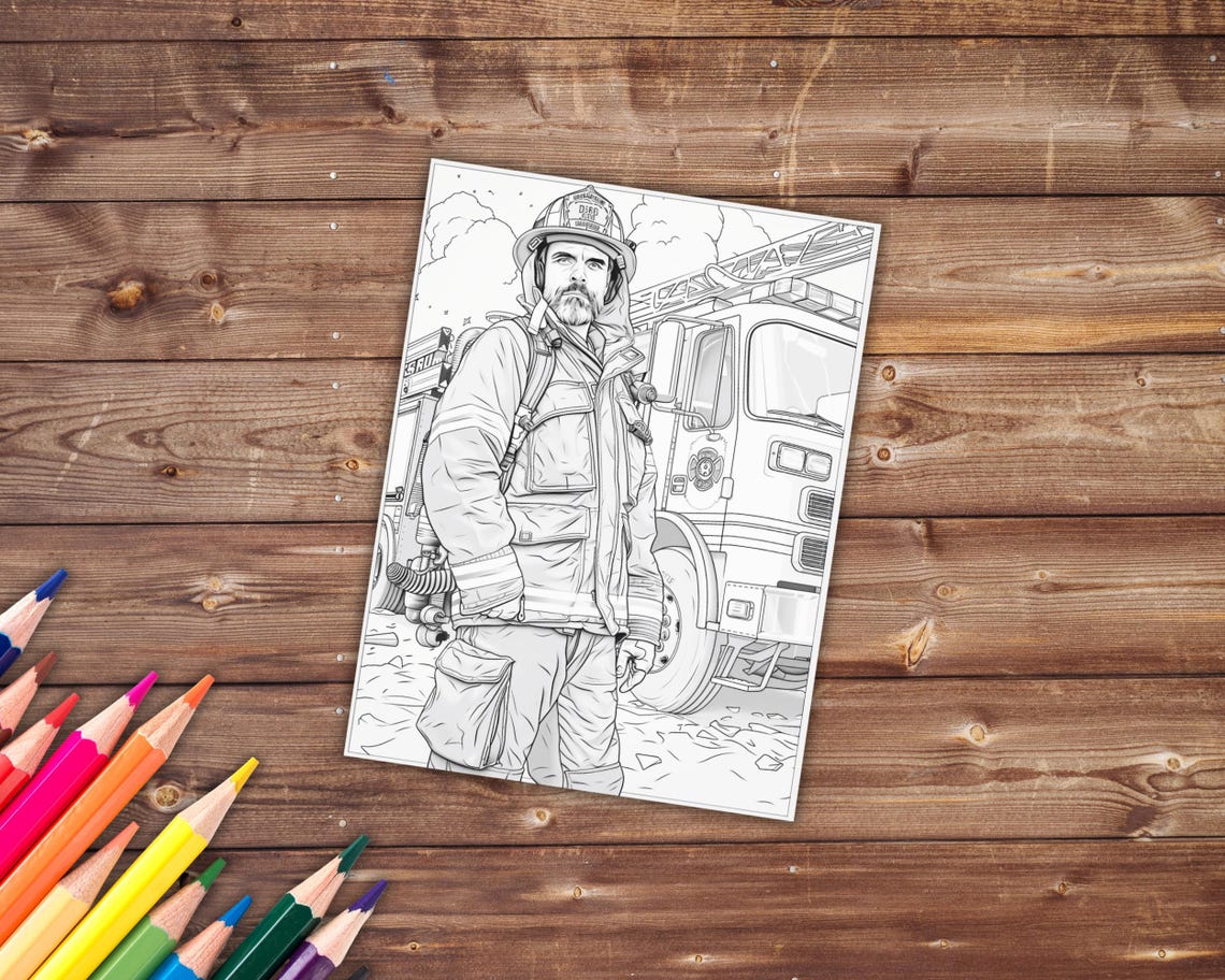 31 Firetrucks and Firefighters Coloring Book, Grayscale Trucks Coloring ...