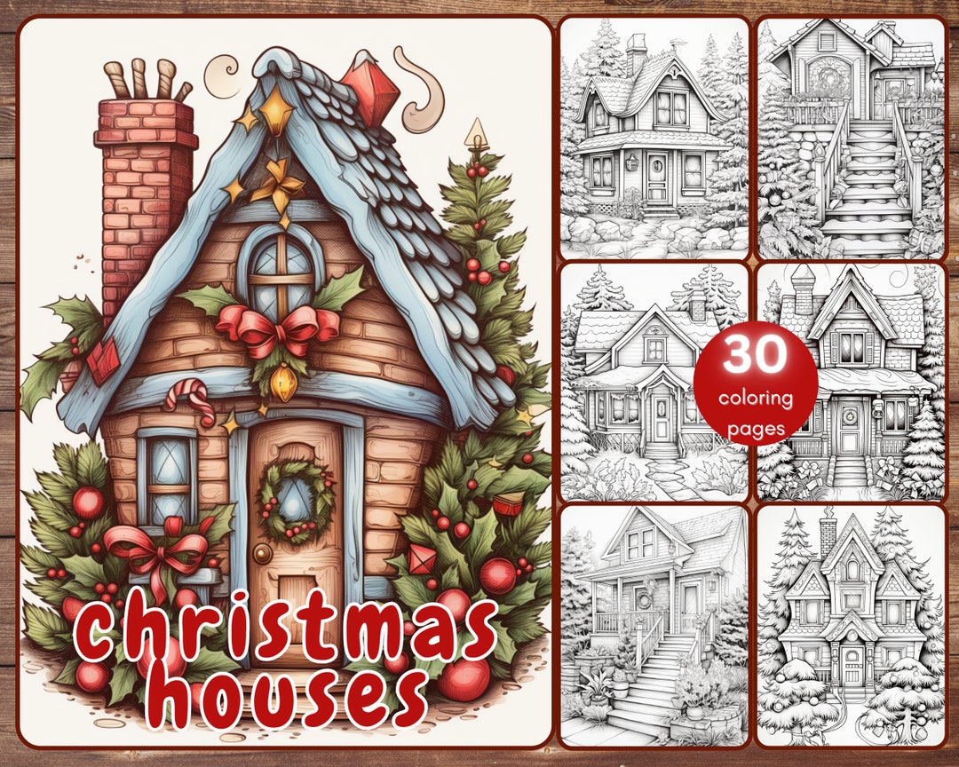 30 Christmas Houses Coloring Book, Grayscale Christmas Coloring for ...