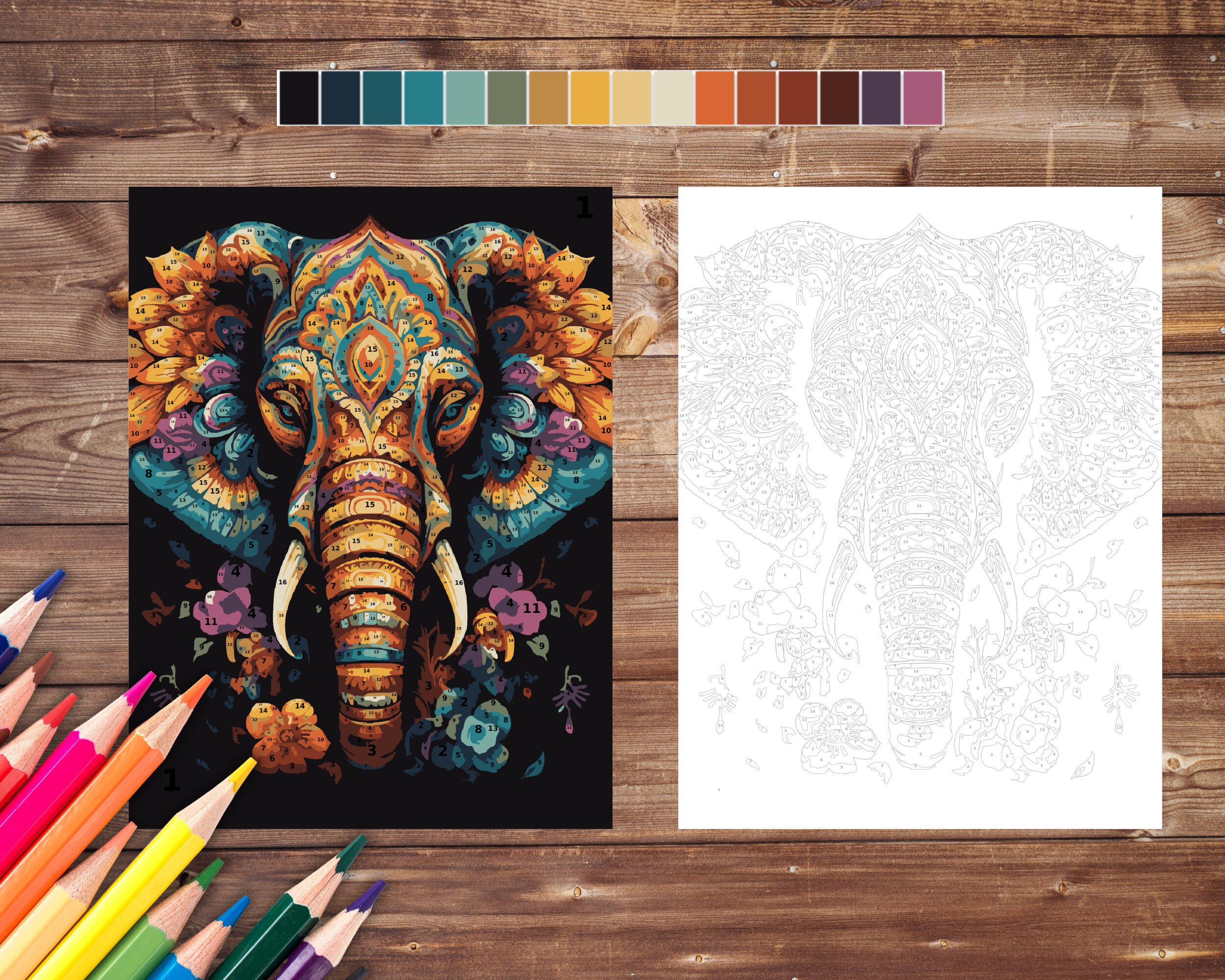 Color by Number for Adults, Elephant Mandala Paint by Number, Printable ...