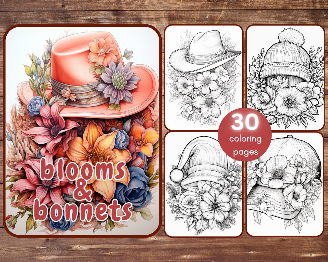 30 Flowers and Hats Coloring Book, Grayscale Floral Hats Coloring for ...