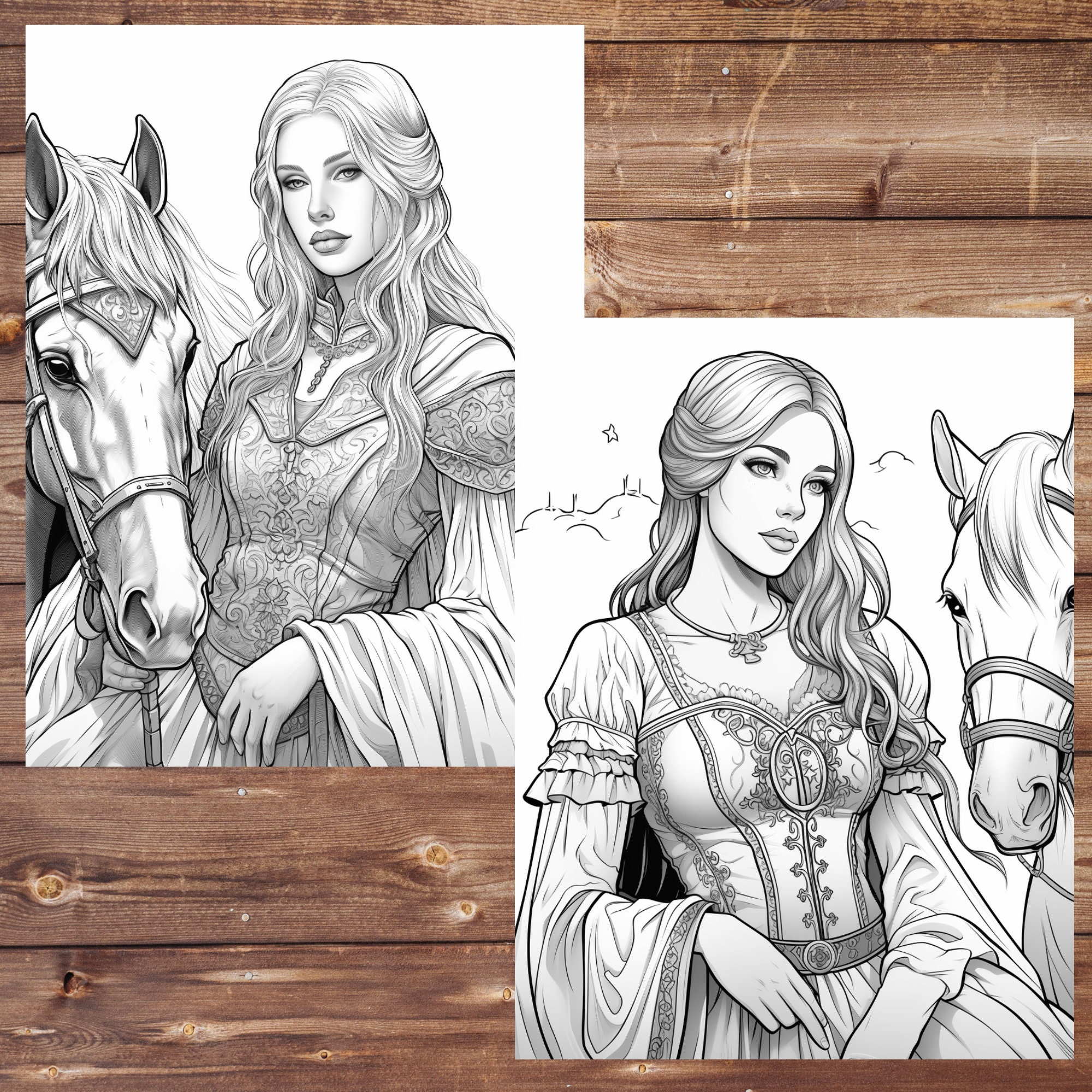 30 Medieval Women Coloring Book, Grayscale Printable Beautiful Women ...