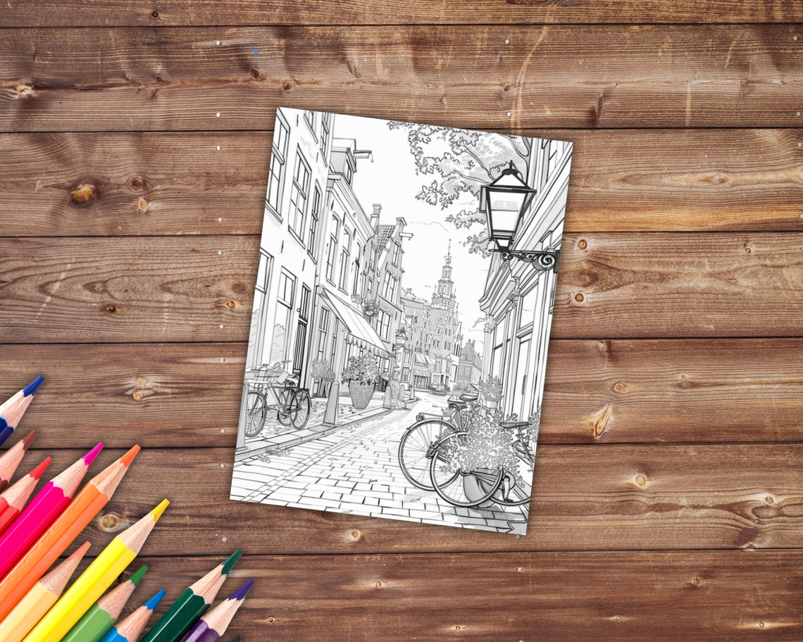 30 Amsterdam Coloring Book, Grayscale Netherlands Coloring Pages for ...