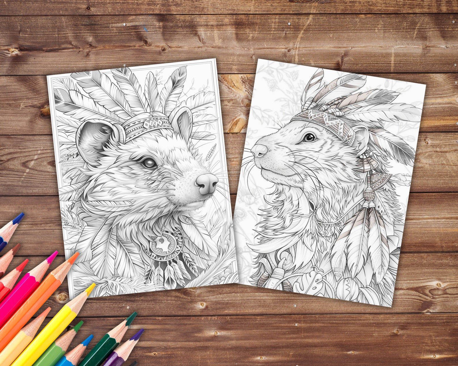 30 Native American Animals Coloring Book, Grayscale Fantasy Animals ...